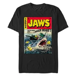 JAWS Retro Comic Book Shark Short Sleeve Graphic T-shirt - Black
