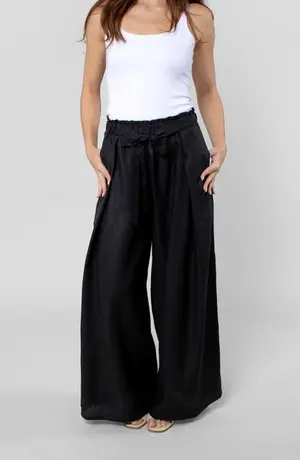 LEISURE LAB Linen High Rise Wide Leg Pants With Tie Waist - Black