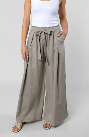 LEISURE LAB Linen High Rise Wide Leg Pants With Tie Waist - Cappuccino