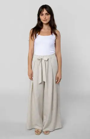 LEISURE LAB Linen High Rise Wide Leg Pants With Tie Waist - Oatmeal