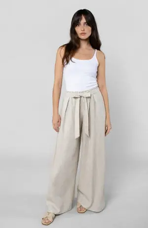 LEISURE LAB Linen High Rise Wide Leg Pants With Tie Waist - Oatmeal