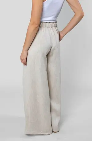 LEISURE LAB Linen High Rise Wide Leg Pants With Tie Waist - Oatmeal