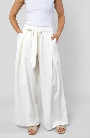 LEISURE LAB Linen High Rise Wide Leg Pants With Tie Waist - White