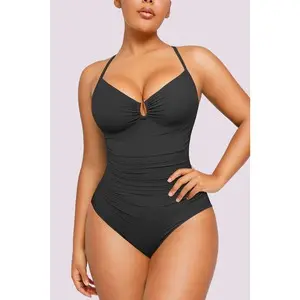 SHAPELLX U-ring Cut Out Ruched One-piece Swimsuit - Jet Black