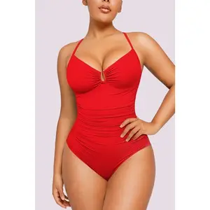 SHAPELLX U-ring Cut Out Ruched One-piece Swimsuit - Red