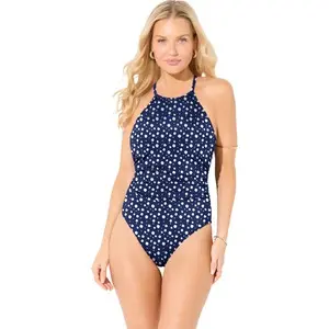 SWIMSUITS FOR ALL High Neck One Piece Swimsuit With Shirring And Adjustable Tie Back - Navy White Dots