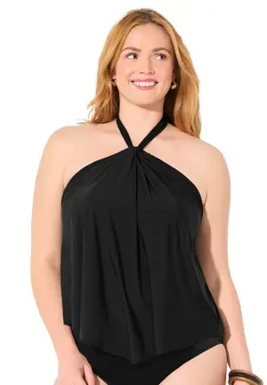 SWIMSUITS FOR ALL Lightweight Halter Tankini Top With Soft Knotted Tie - Black