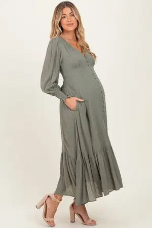 PINKBLUSH Swiss Dot Button-down Maxi Dress - Olive Green