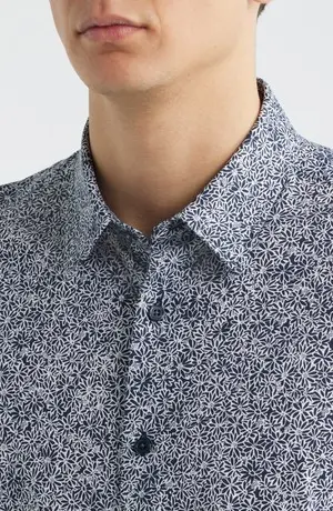 BOSS Roan Slim Fit Short Sleeve Button-up Shirt - Dark Blue Multi