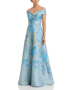 Rickie Freeman For Teri Jon Off-the-shoulder Side Drape A-line Gown - Light Blue Multi