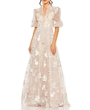 Mac Duggal Queen Anne Puff Sleeve A-line Gown - Blush