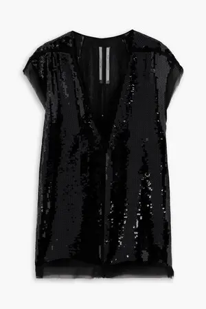 Rick Owens Dylan Frayed Sequined Silkchiffon Top - Black