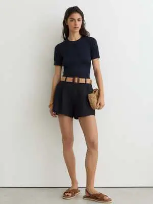REISS Matilda Jacquard Belted Linen Shorts - Navy