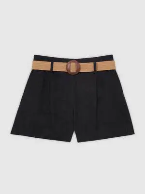 REISS Matilda Jacquard Belted Linen Shorts - Navy