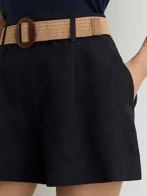 REISS Matilda Jacquard Belted Linen Shorts - Navy