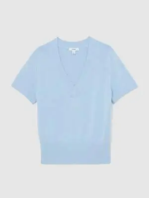 REISS Valerie Cotton-wool Knit V-neck Top - Soft Blue
