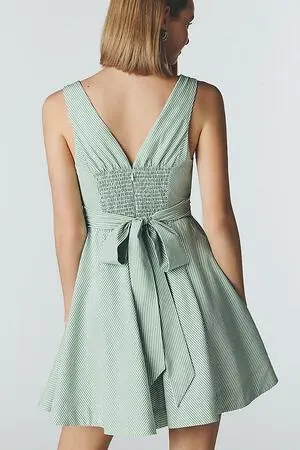 Maeve Sleeveless V-neck Seersucker Mini Dress - Green Pattern