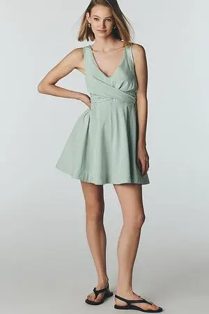 Maeve Sleeveless V-neck Seersucker Mini Dress - Green Pattern