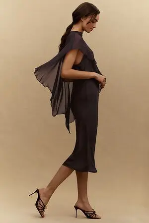 Bhldn Satin Chiffon Cape Dress - Chocolate