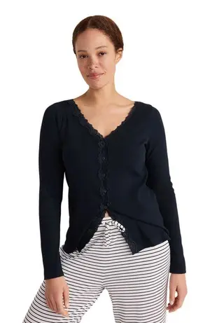 HAVEN WELL WITHIN Organic Cotton Rib Knit Lace Cardigan