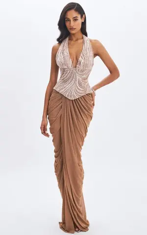 MISS CIRCLE NEW YORK Nancie Beaded Halter Peplum Ruched Maxi Dress