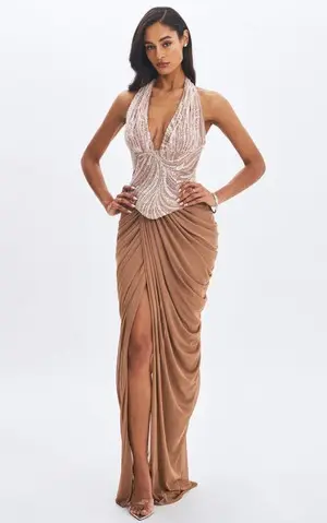 MISS CIRCLE NEW YORK Nancie Beaded Halter Peplum Ruched Maxi Dress