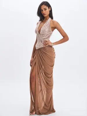 MISS CIRCLE NEW YORK Nancie Beaded Halter Peplum Ruched Maxi Dress