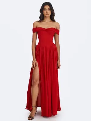 MISS CIRCLE NEW YORK Tereza Georgette Bardot High-slit Maxi Dress - Red