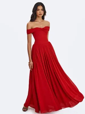 MISS CIRCLE NEW YORK Tereza Georgette Bardot High-slit Maxi Dress - Red