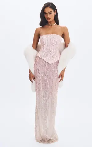 MISS CIRCLE NEW YORK Beaded Gradient Strapless Peplum Maxi Dress