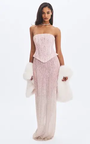 MISS CIRCLE NEW YORK Beaded Gradient Strapless Peplum Maxi Dress