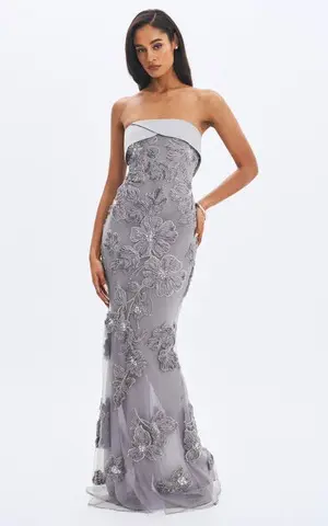 MISS CIRCLE NEW YORK Raphaela Beaded Floral Strapless Mermaid Maxi Dress - Silver