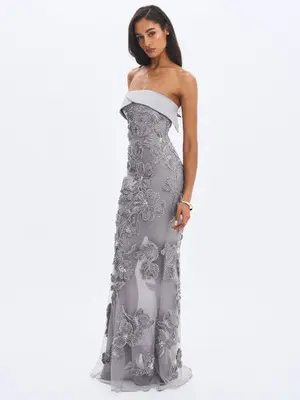 MISS CIRCLE NEW YORK Raphaela Beaded Floral Strapless Mermaid Maxi Dress - Silver
