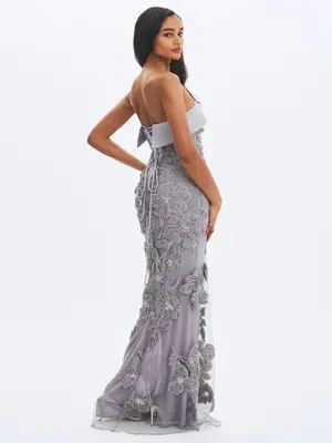 MISS CIRCLE NEW YORK Raphaela Beaded Floral Strapless Mermaid Maxi Dress - Silver