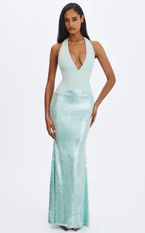 MISS CIRCLE NEW YORK Sequin Plunging Mermaid Maxi Dress - Mint