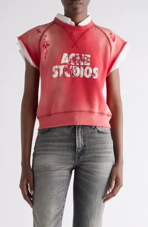 Acne Studios Mixed Media Distressed Cap-sleeve Sweatshirt - Red/white