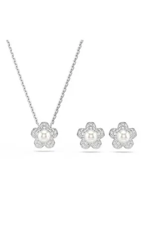 SWAROVSKI Crystal Faux Pearl Necklace And Earrings Set Silver/white