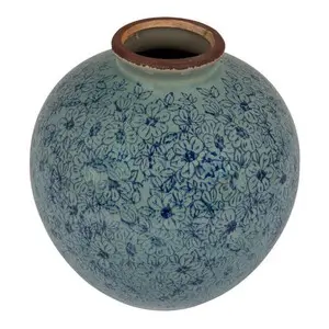 STORIED HOME Terra-cotta Vase With Transferware Pattern - Blue