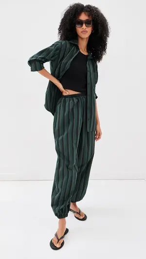 LE BOP Adeline Balloon Pants In Striped Cotton - Hunter Stripe