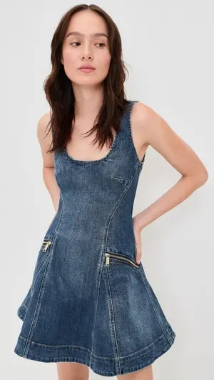 SELF-PORTRAIT Denim Flared Mini Dress