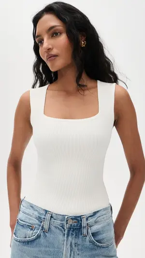 DL1961 Square Neck Ribbed Knit Tank Top - White