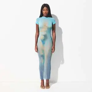 SKIMS Mesh Maxi Dress Sheer Cover-up - Cyan Fk Body Print