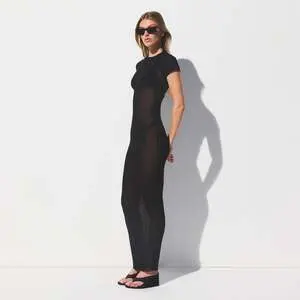 SKIMS Mesh Maxi Dress With Crew Neck And Short Sleeves - Onyx