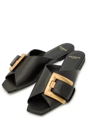 Balmain Oversized Buckle Leather Sandals - Black