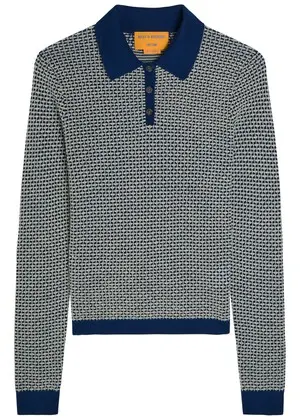 Guest In Residence Shrunken Patterned Cashmere Polo Top - Navy