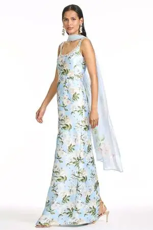 Sachin & Babi Floral Mikado Column Gown - Sky Camellia