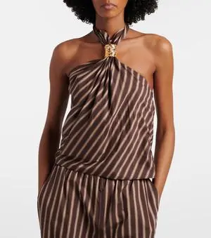 JACQUES WEI Gathered Striped Cotton-blend Top