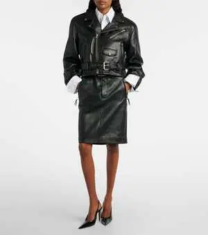 Saint Laurent Cropped Leather Biker Jacket - Black