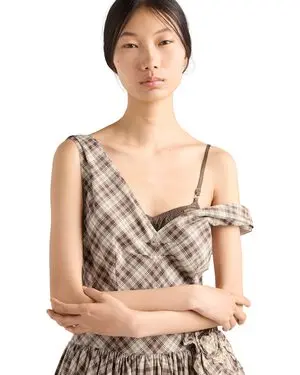 Prada Embroidered Checked Poplin Dress - Neutral