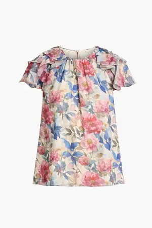 MIKAEL AGHAL Ruffled Floral-Print Chiffon Top - Beige